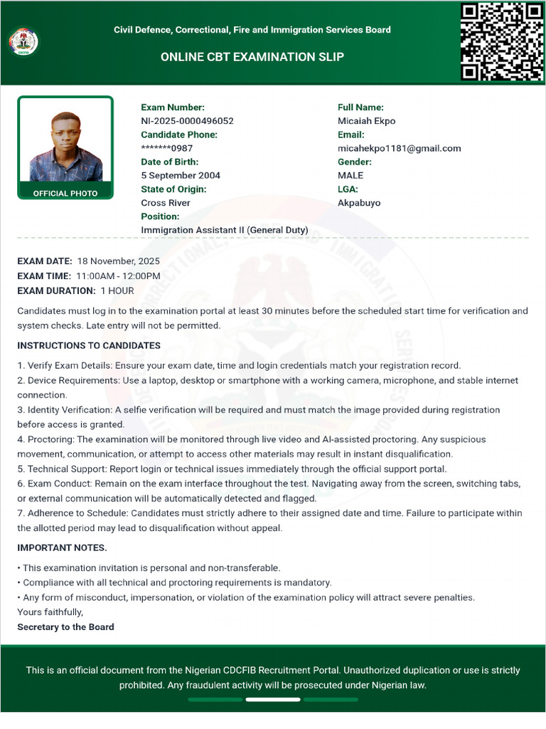Micaiah Bassey Etim Ekpo Application Slip | PDF