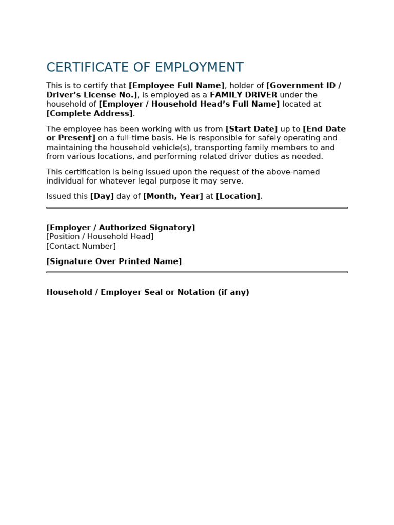 Family Driver Employment Certificate | PDF