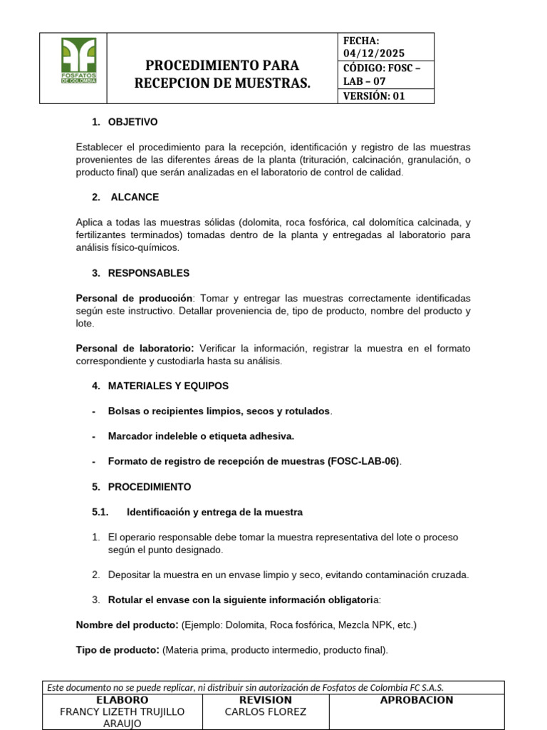 Procedimiento Recepción de Muestras Lab | PDF | Fertilizante