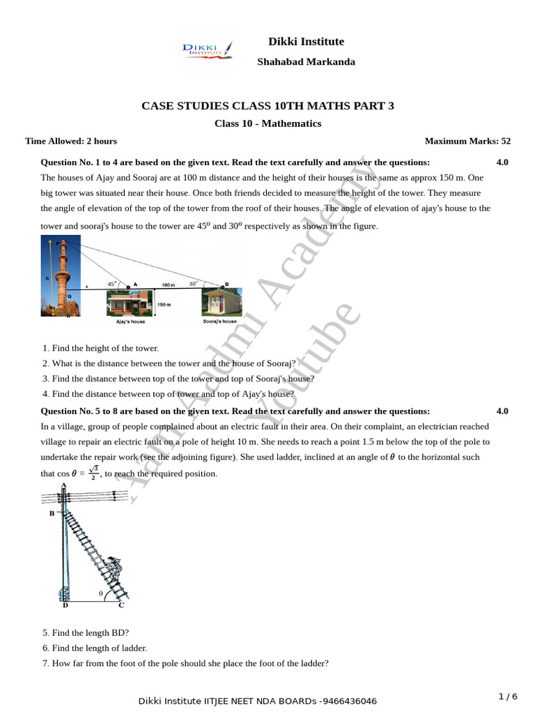 Case Studies Class 10th Maths Part 3 (3) | PDF