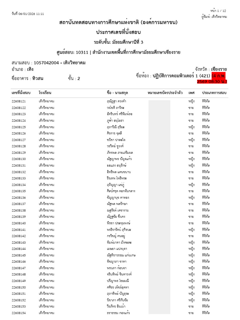 รายชื่อผู้มิสิทธิสอบ - การสอบ O NET ม.3 - 2568 1 | PDF