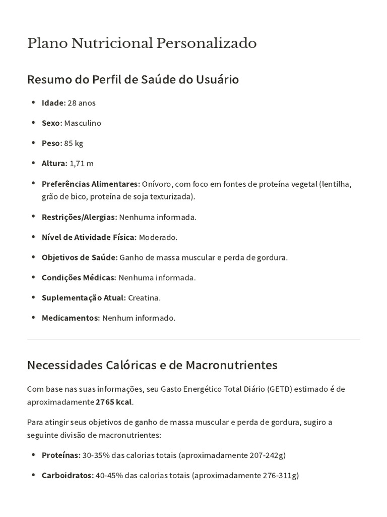 Plano Nutricional Personalizado | PDF | Vitamina | Vegetarianismo