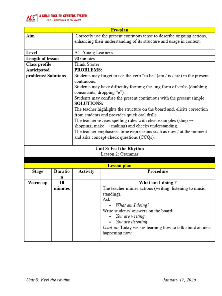 Present Continuous Lesson Plan A1 | PDF | Question | Language Mechanics