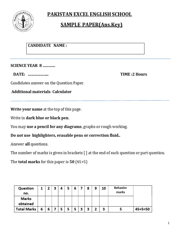 Sample Paper Answers | PDF | Force | Blood