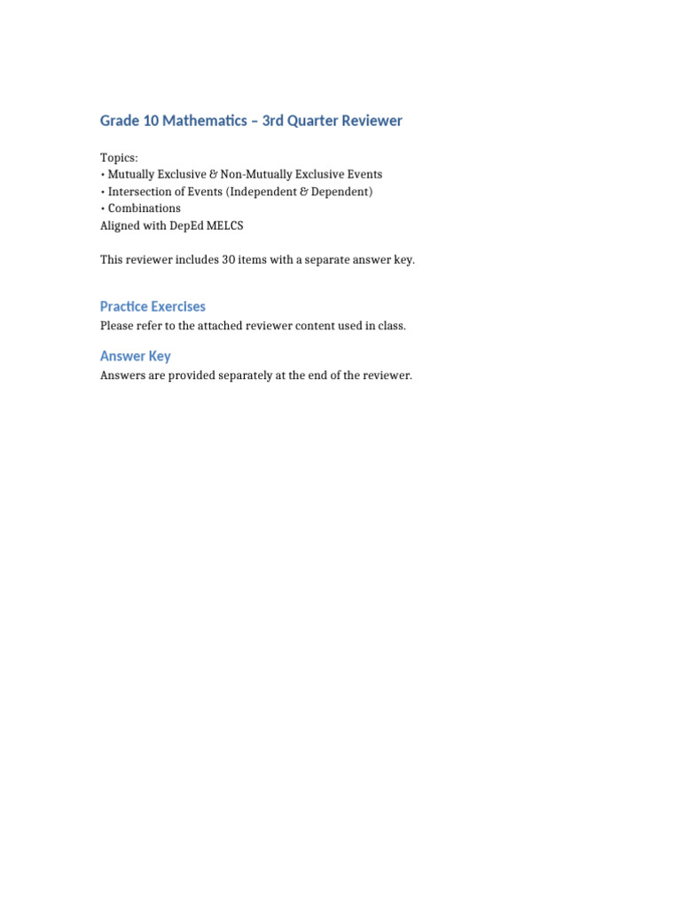 Grade 10 Math 3rd Quarter Reviewer | PDF