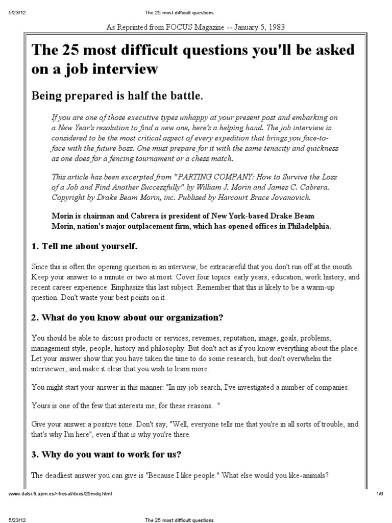 The 25 Most Difficult Questions in An Interview | PDF | Salary | Homework