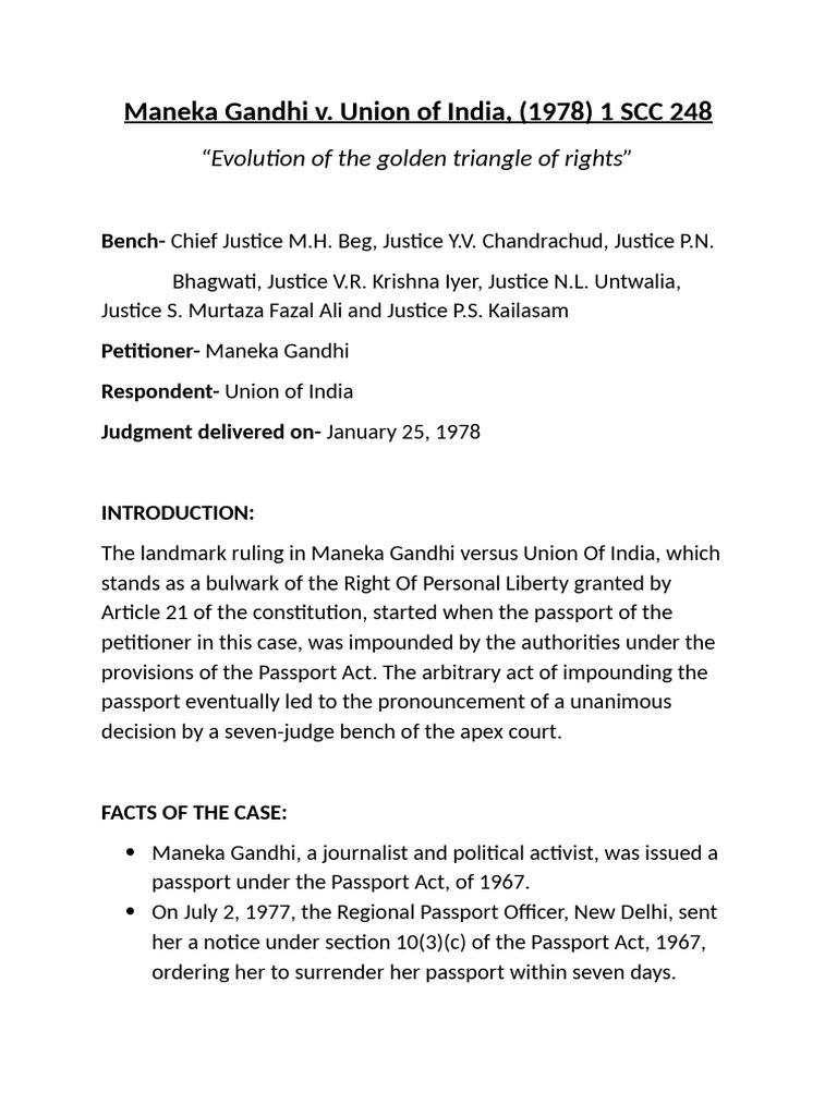 Maneka Gandhi Case: Article 21 Expanded | PDF | Supreme Court Of India ...