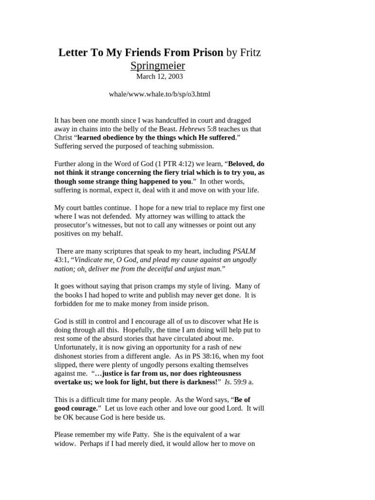 Letter to My Friends From Prison by Fritz Springmeier -- Joseph ...