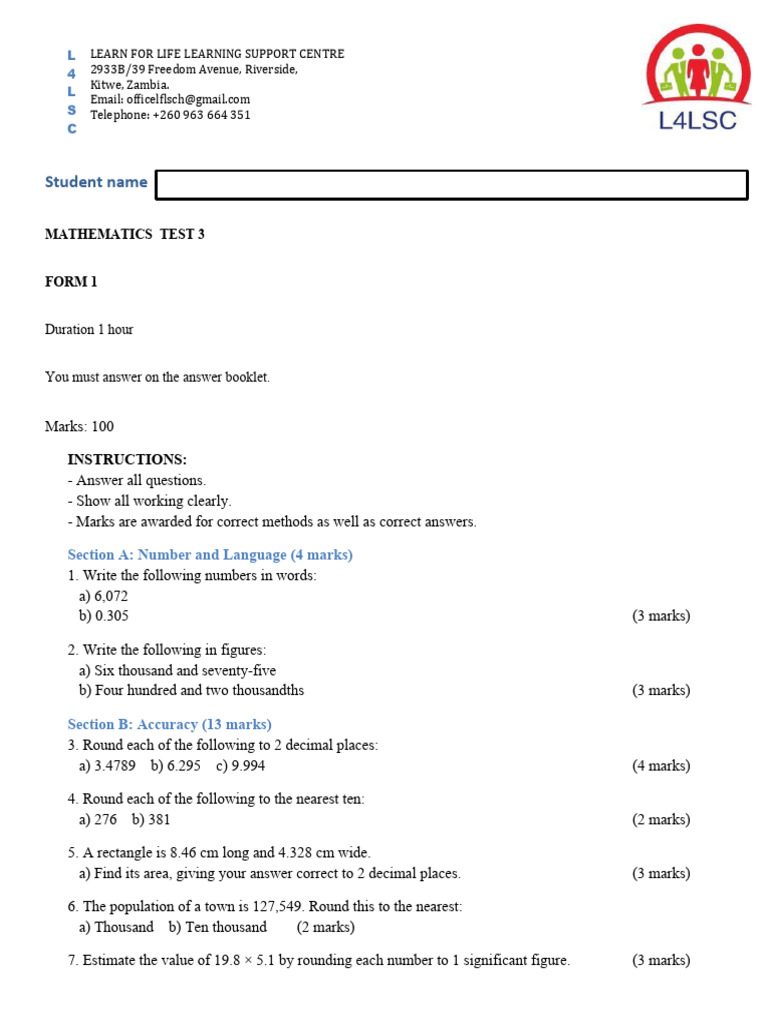 Form 1 Mathematics Test 3 | PDF | Odds | Significant Figures