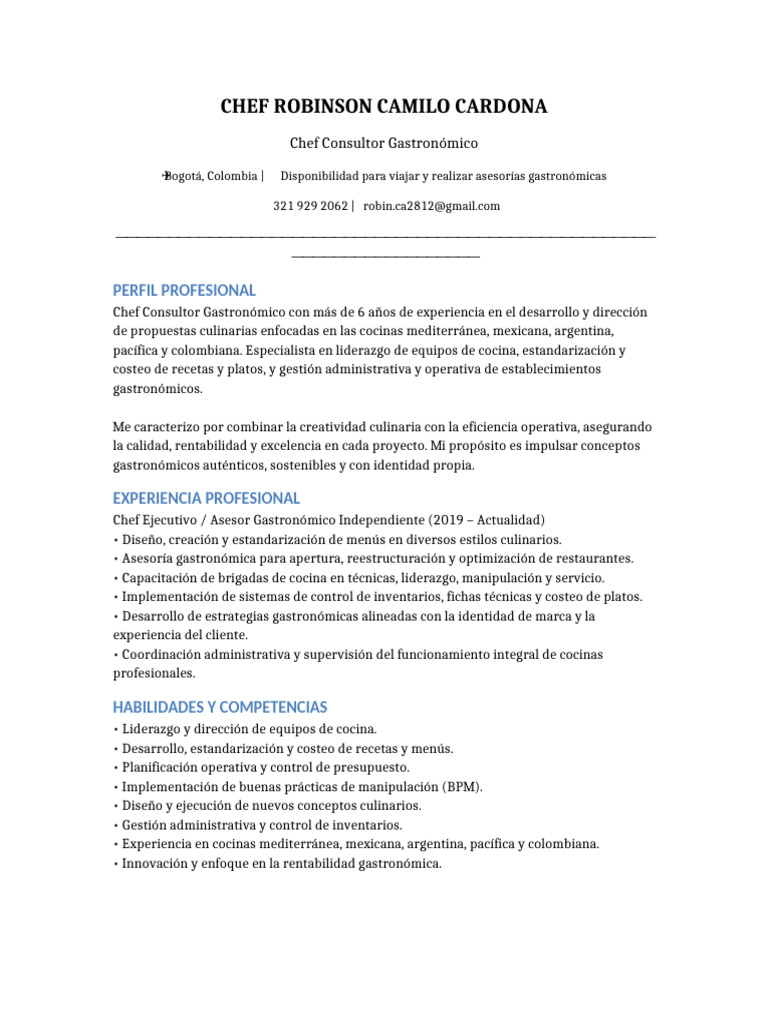 Chef Robinson Camilo Cardona CV | PDF