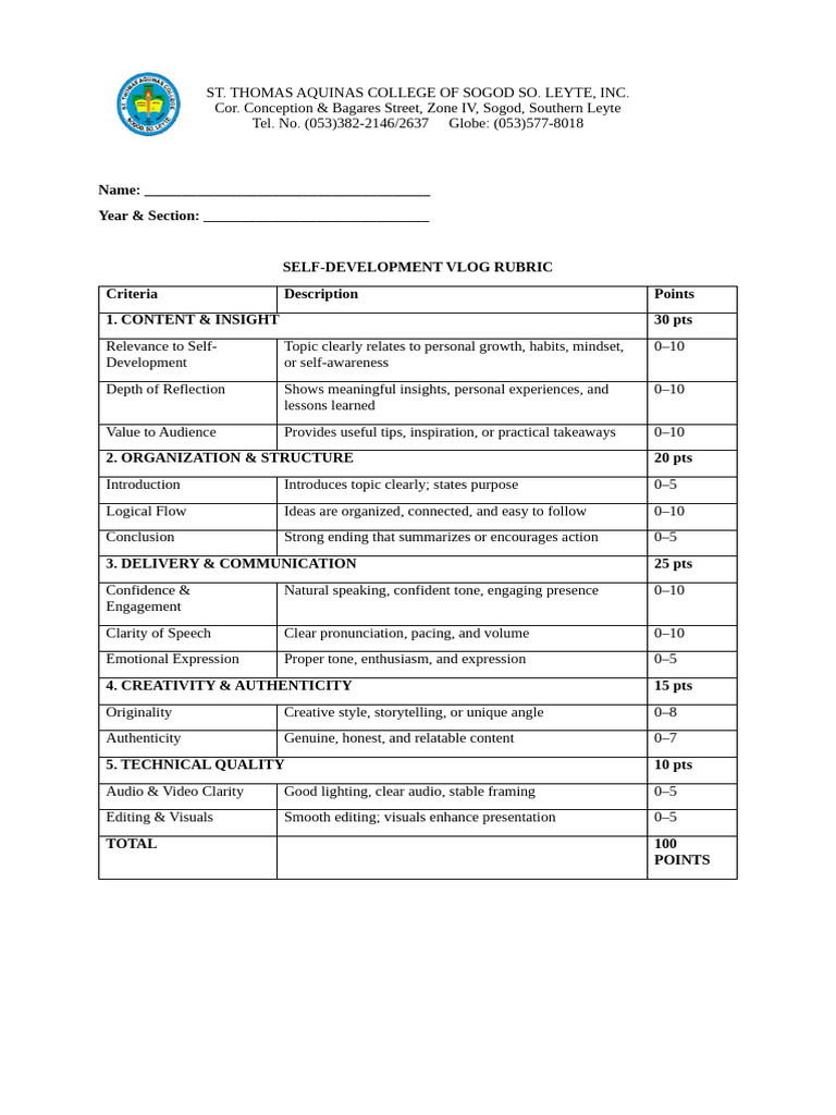 Self-Development Vlog Rubric Guide | PDF
