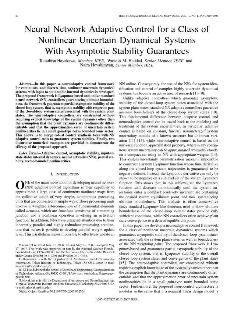Neural Network Adaptive Control For A Class of Nonlinear Uncertain Dynamical Systems With ...
