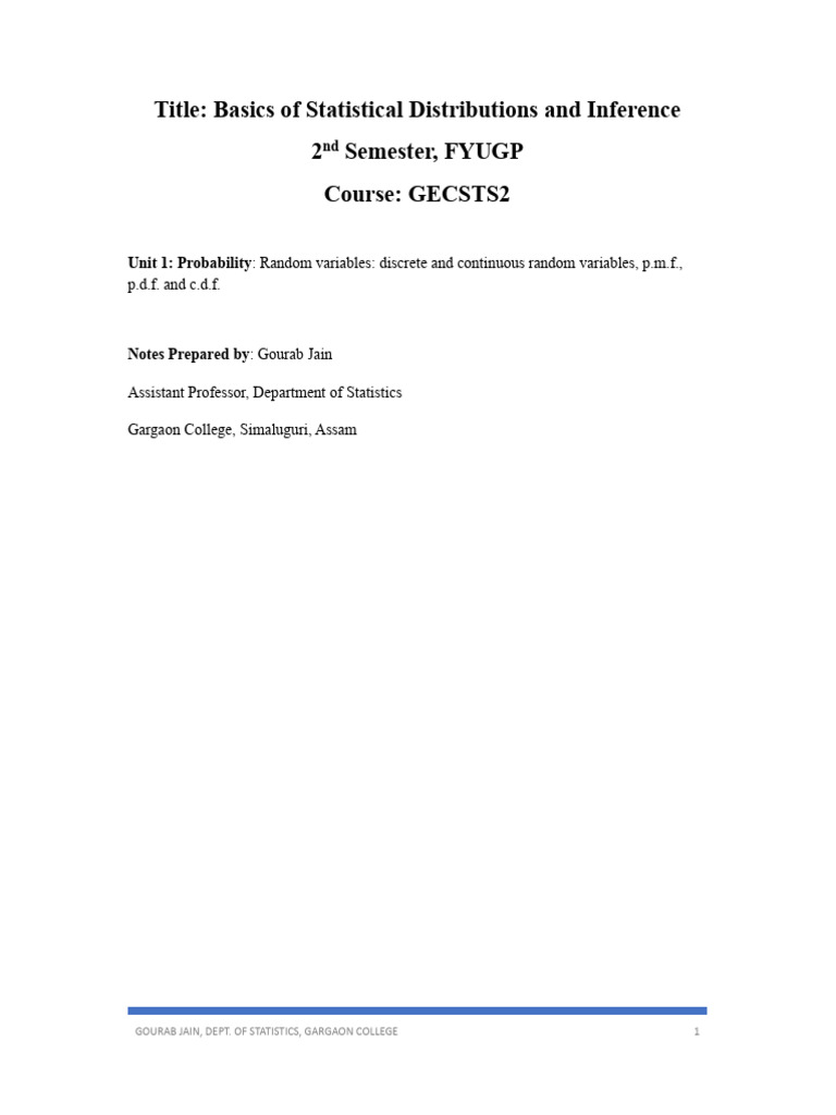 Unit 1 (Part 2) 2nd Sem GEC Notes | PDF | Random Variable | Probability ...