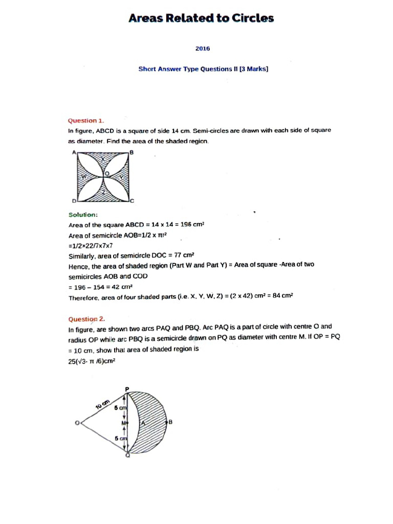 Important Questions Area Related to Circles | PDF