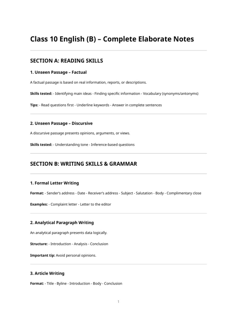 Class 10 English B Study Guide | PDF | Subject (Grammar) | Verb