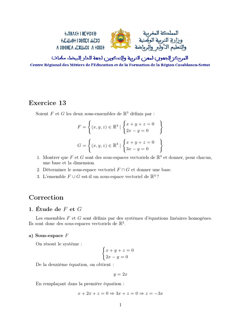 Sous-espaces vectoriels F et G en R3 | PDF | Algèbre générale | Géométrie