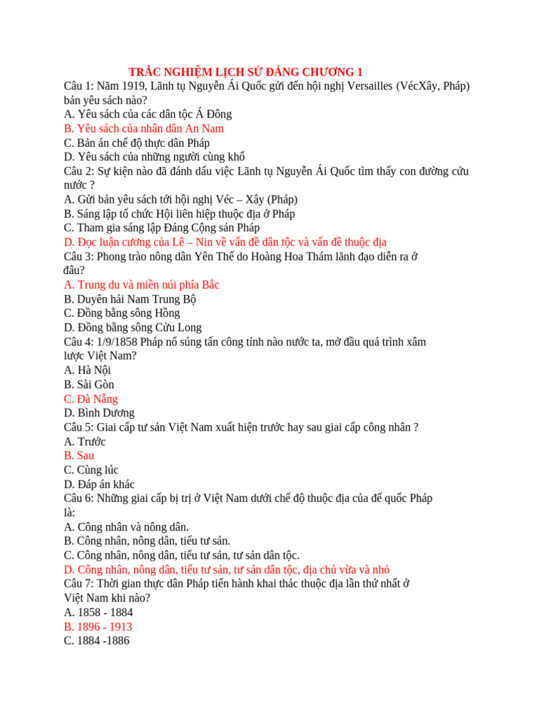 Trắc Nghiệm Lịch Sử Đảng Chương 1(2) | PDF