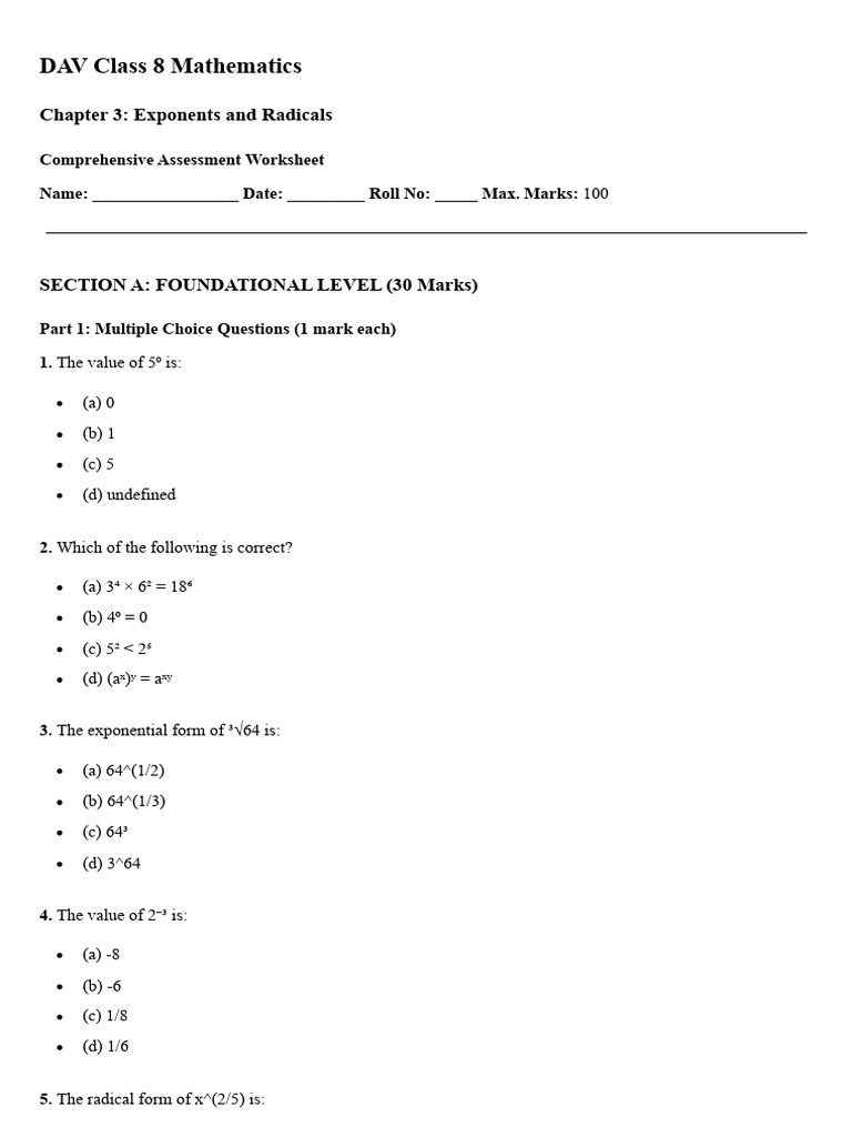 Class 8 Math: Exponents & Radicals Test | PDF | Mathematics | Arithmetic