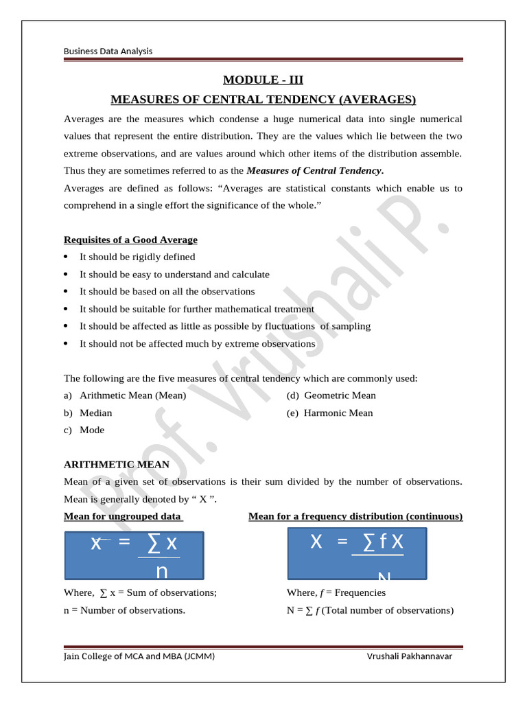 Statistics (Measures of Central Tendency & Dispersion) Notes | PDF ...