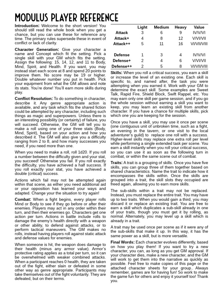 Modulus Quick Start and Character Sheet Packet | PDF | Role Playing Games