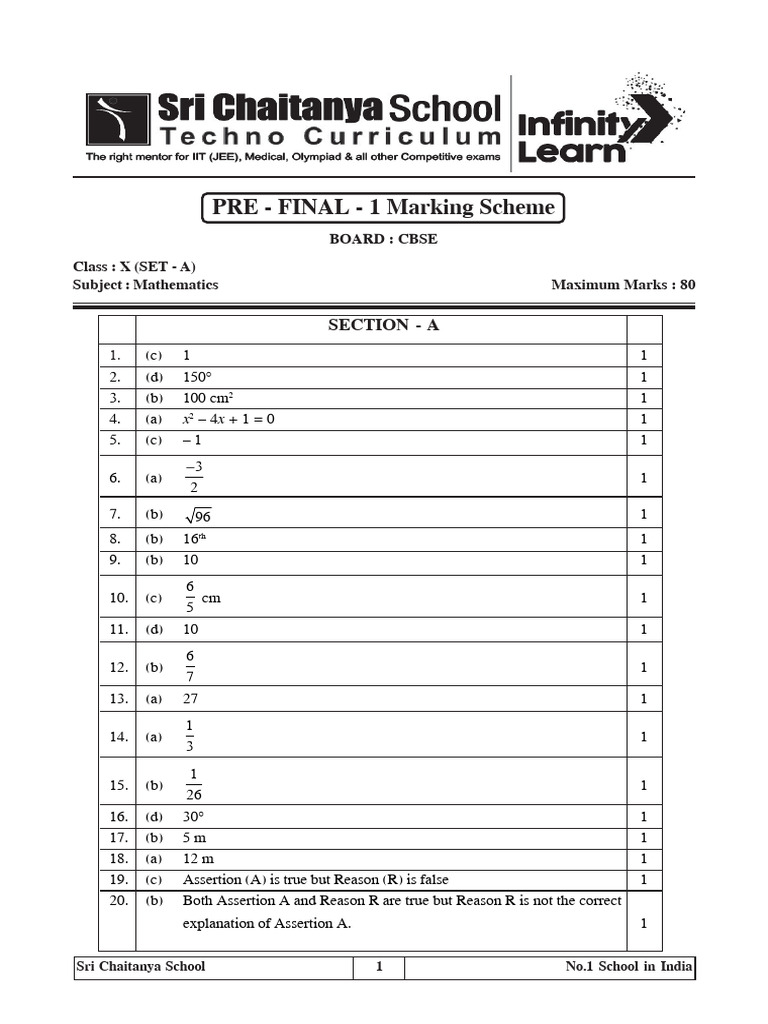 Cbse Math Pre Final - i (Set - A) Marking Scheme | PDF | Mathematics | Euclidean Geometry