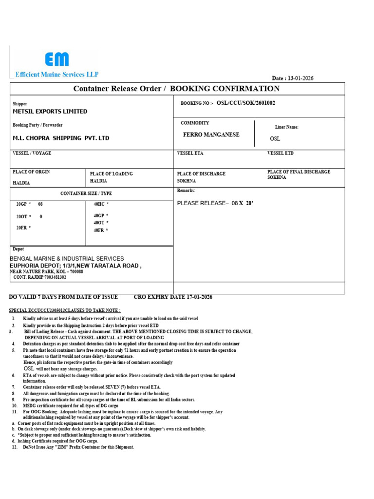 Container Release Order for Ferro Manganese | PDF | Cargo | Shipping