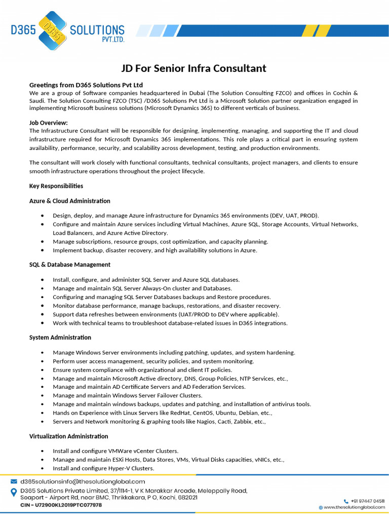 JD for Sr. Infra Conultant - D365 F&O | PDF | Microsoft Azure | Databases