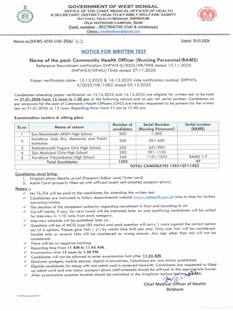 Birbhum CHO Exam Notice (Query About Nursing) | PDF