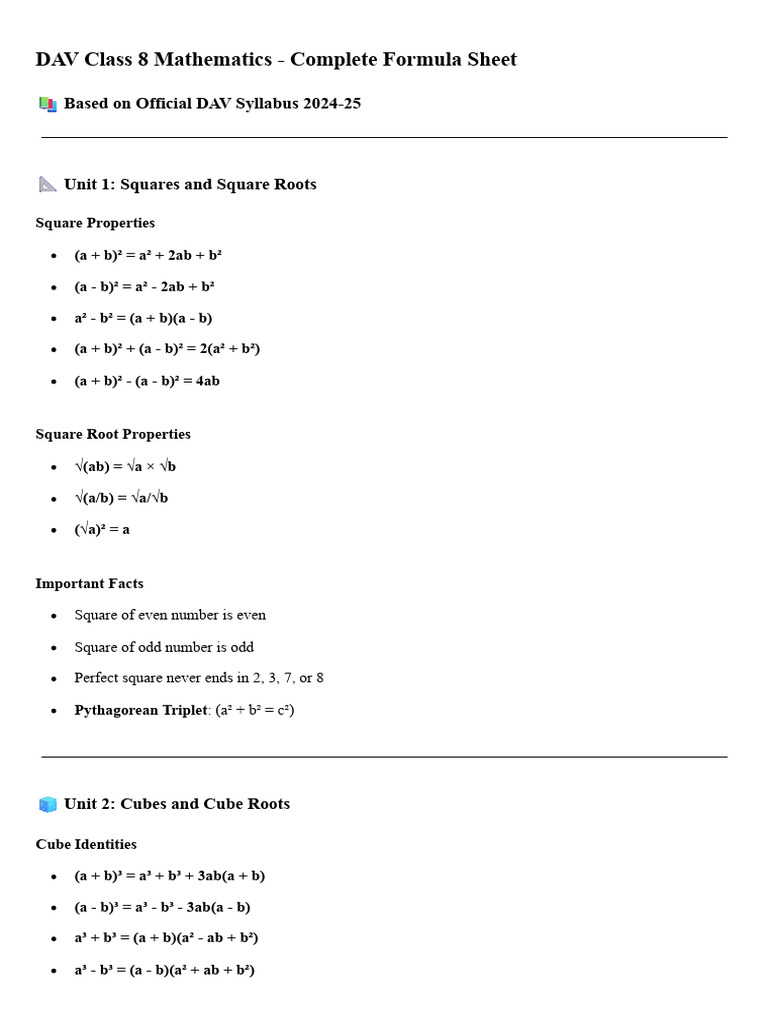 DAV Class 8 Math Formula Sheet 2024 | PDF | Area | Factorization