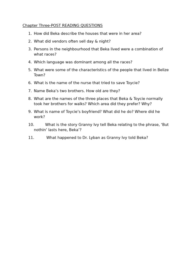 Chapter Three Beka Lamb Post Reading Questions | PDF