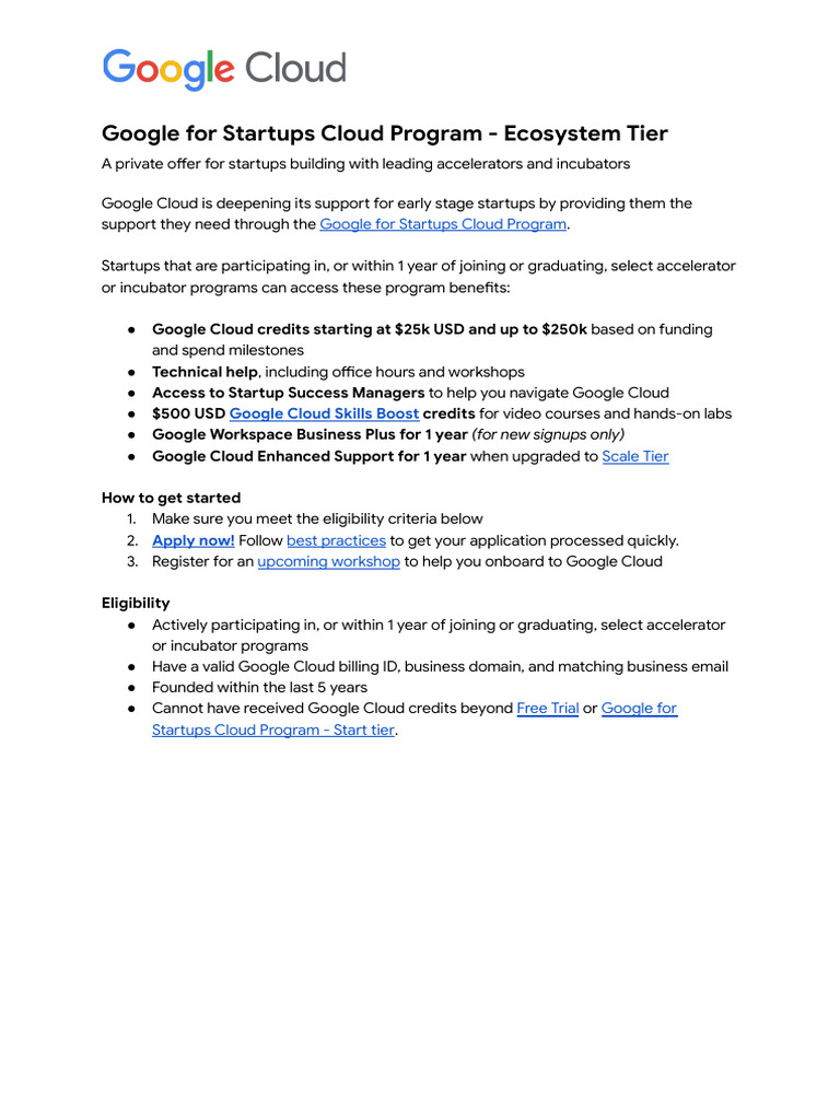 Google for Startups Cloud Program Ecosystem Tier Two Pager | PDF