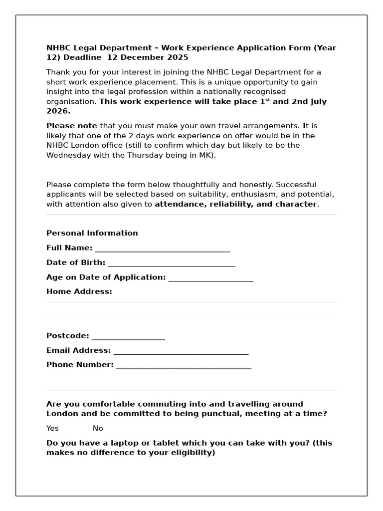 NHBC Legal Work Experience Application | PDF