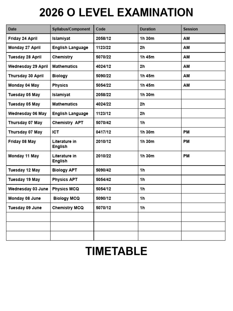 2026 o Level Examination Timetable | PDF