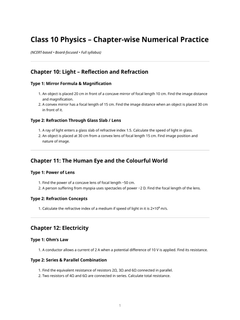 Class 10 Physics Numerical Practice Guide | PDF | Light | Physical ...