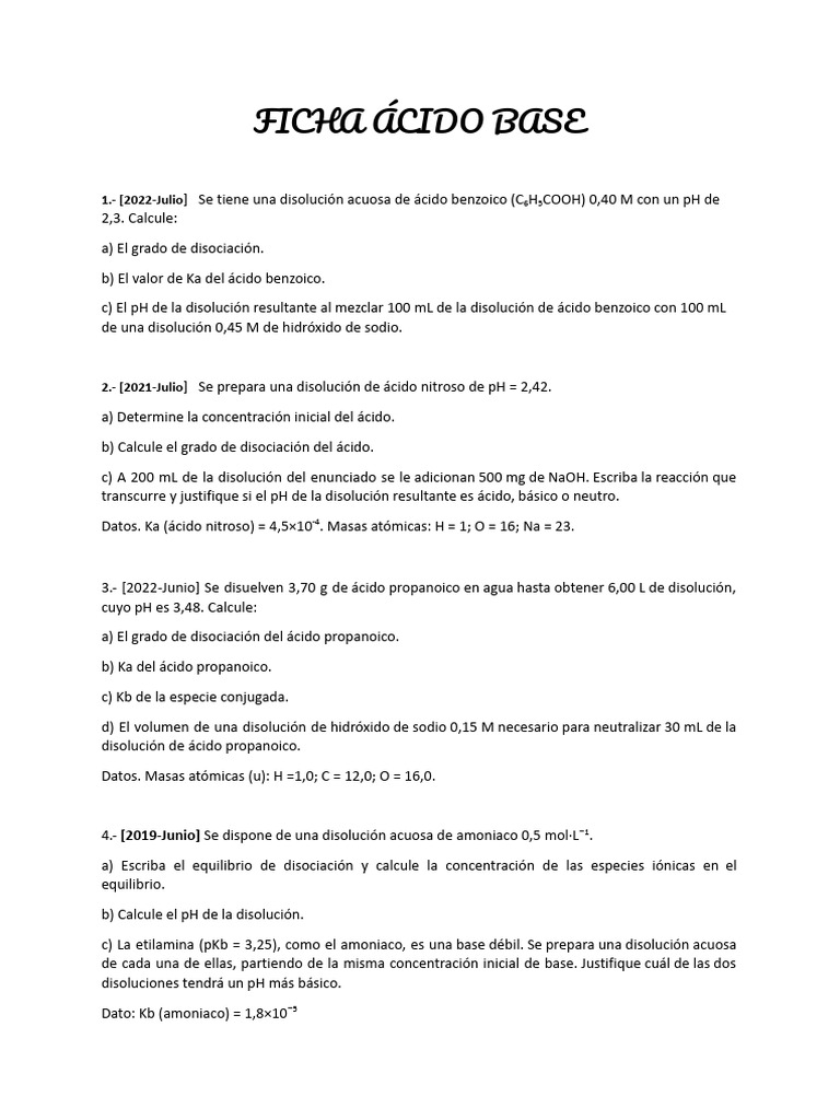 Cálculos de pH y disociación de ácidos y bases | PDF | Ácido | Ph