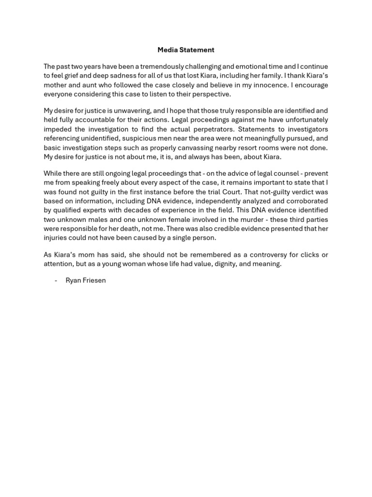 Ryan Friesen's Statement on Kiara's Case | PDF