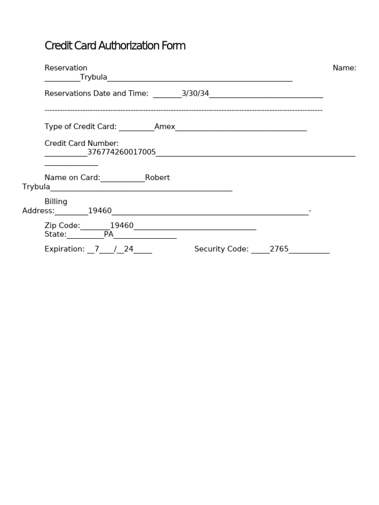 Credit Card Authorization Form Template | PDF