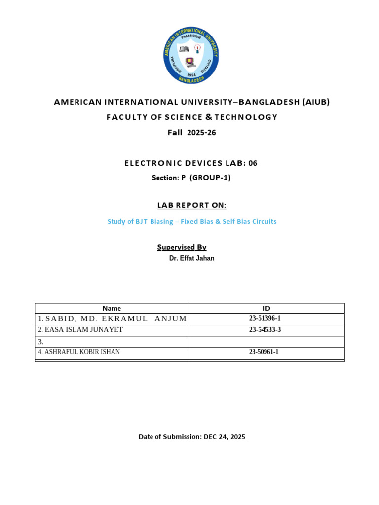Exp6 Study of BJT Biasing Fixed Bias Self Bias Circuits | PDF | Bipolar ...
