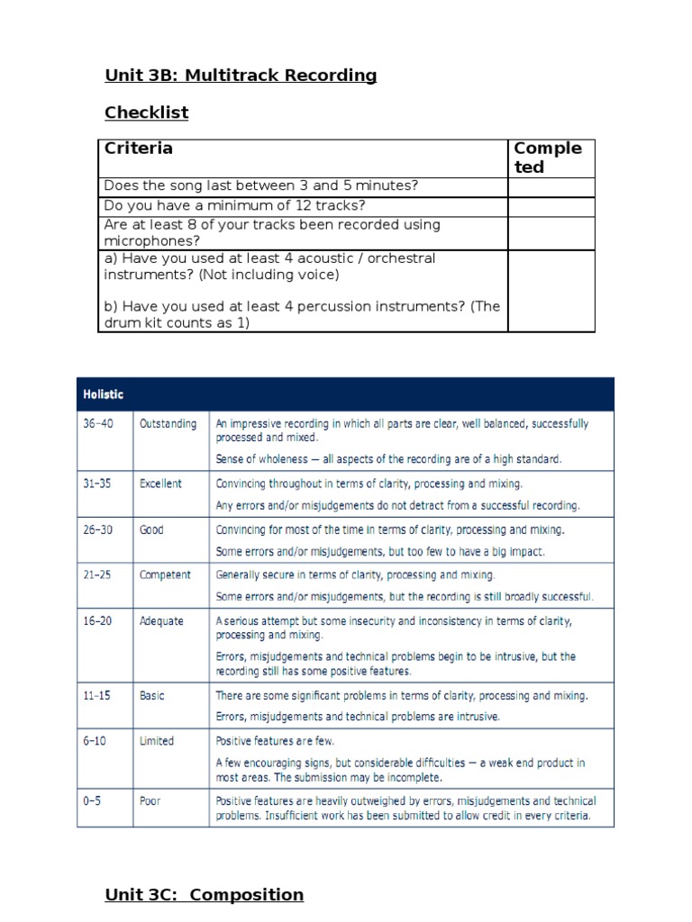 Unit 3B: Multitrack Recording Checklist Criteria Comple Ted | PDF