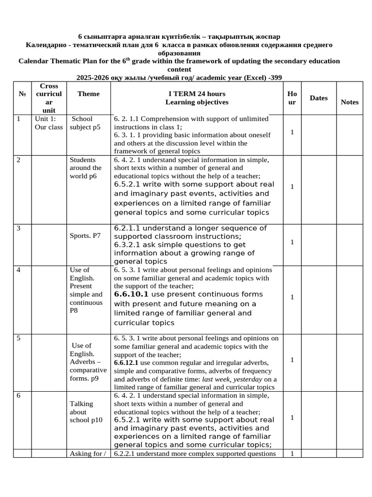 6th Grade Thematic Education Plan 2025-2026 | PDF | English Language ...