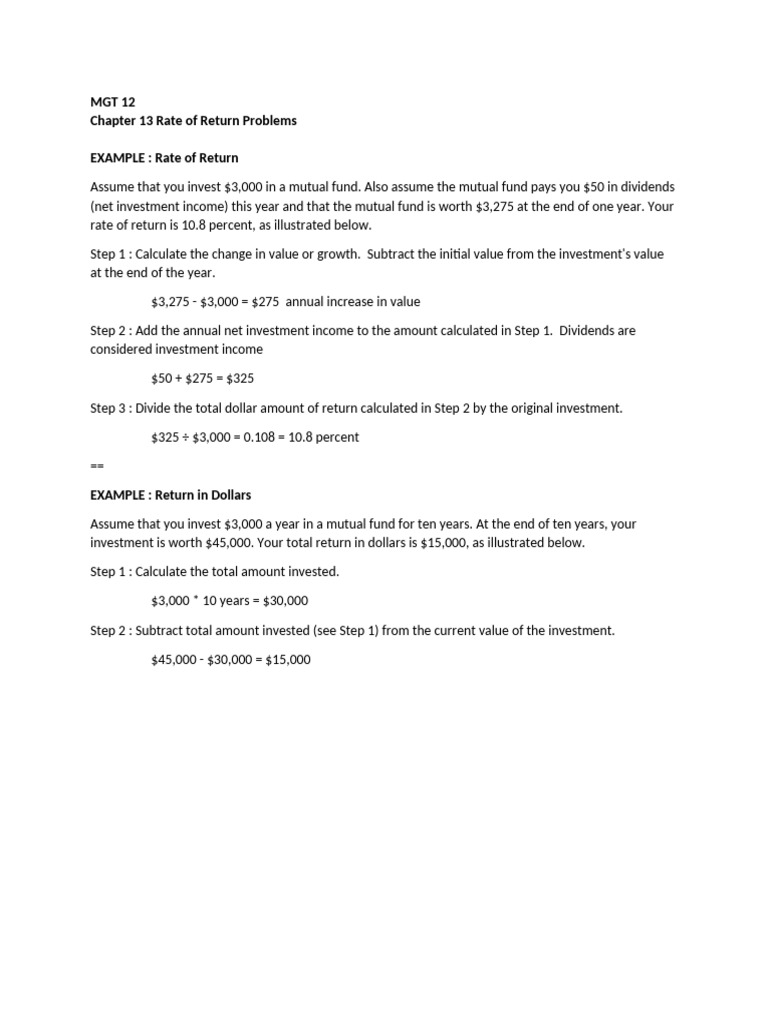 Rate of Return Calculation Examples | PDF | Investing | Mutual Funds