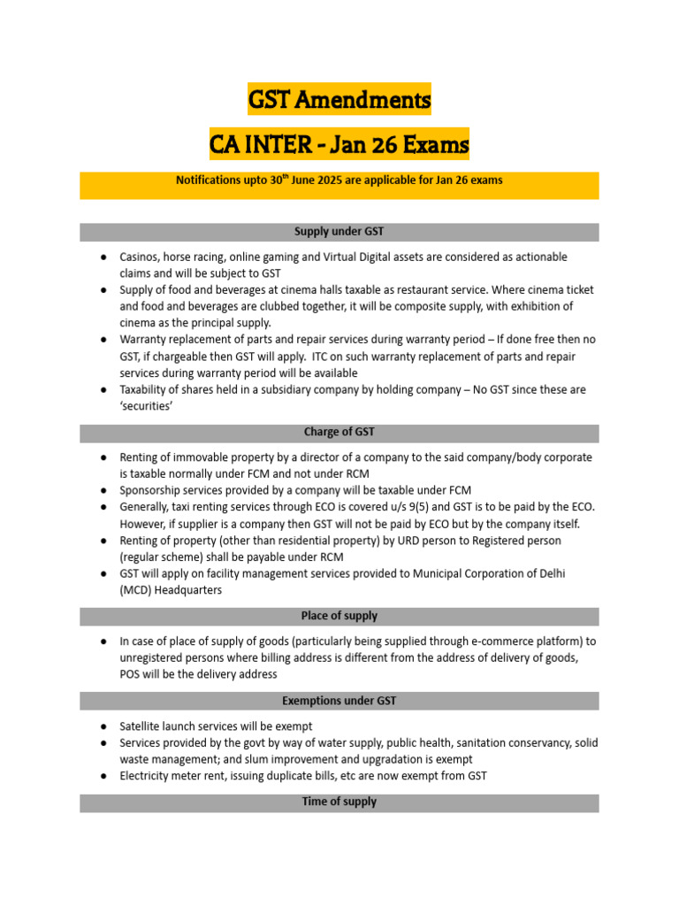 GST Amendments for CA Inter Exams 2026 | PDF | Invoice | Taxes
