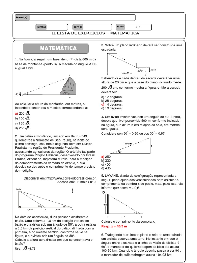 Lista de Exercicios Trigonometria | PDF | Acessibilidade | Natureza