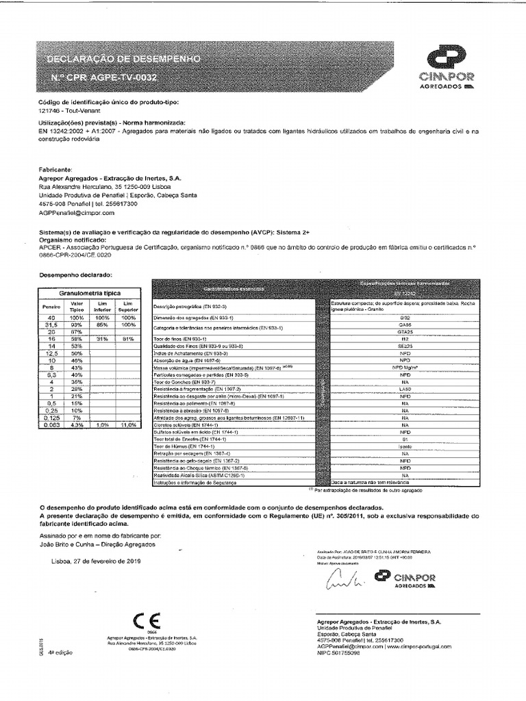 Certificado Tout Venant Areia 27-02-2019 | PDF