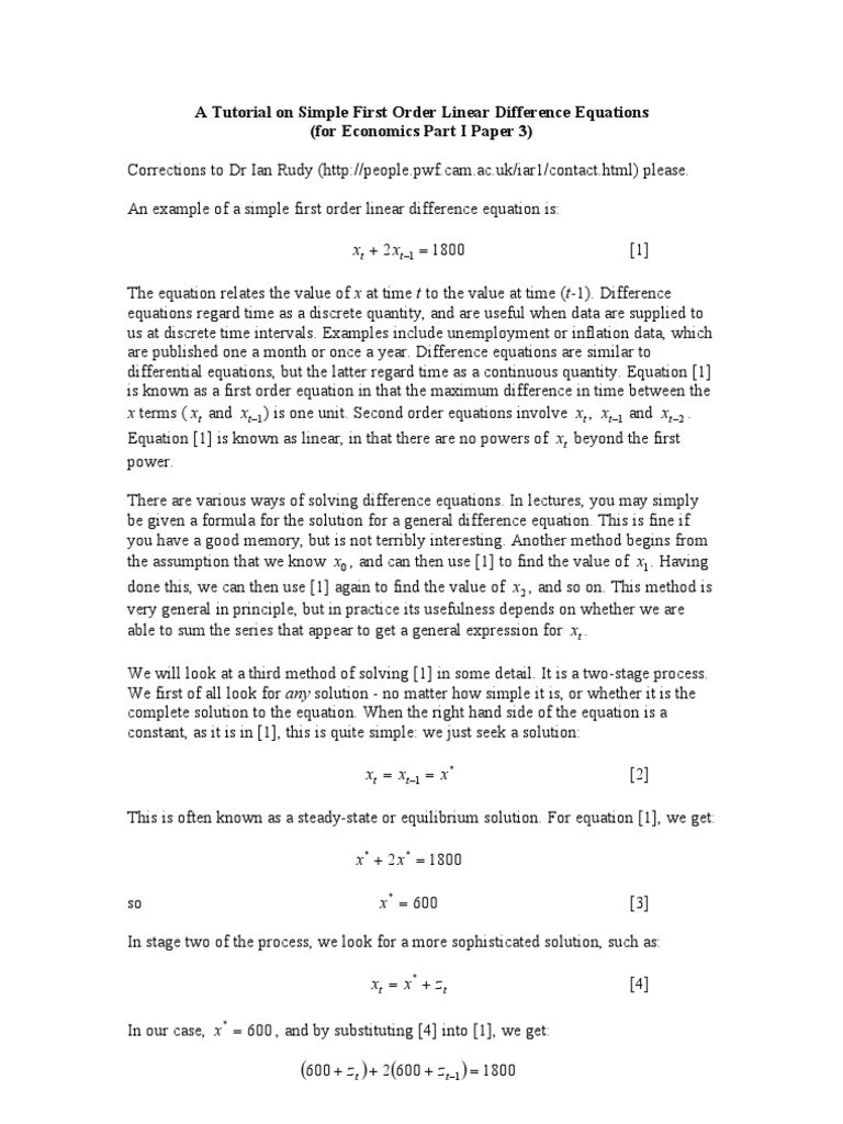 A Tutorial On Simple First Order Linear Difference Equations (For Economics Part I Paper 3 ...