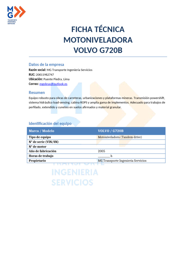 Motoniveladora Volvo G720B: Ficha Técnica | PDF | Caballo de fuerza | Eje