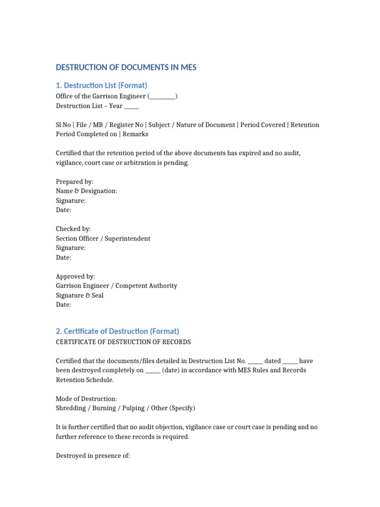 Destruction of Documents in MES | PDF