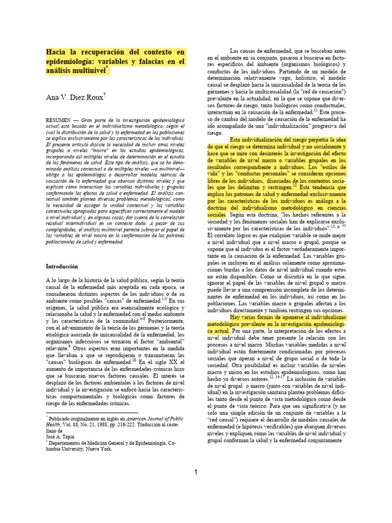 Diez Roux, A. 2004. Hacia-Recuperacion-Contexto-Epidemiologia | PDF ...