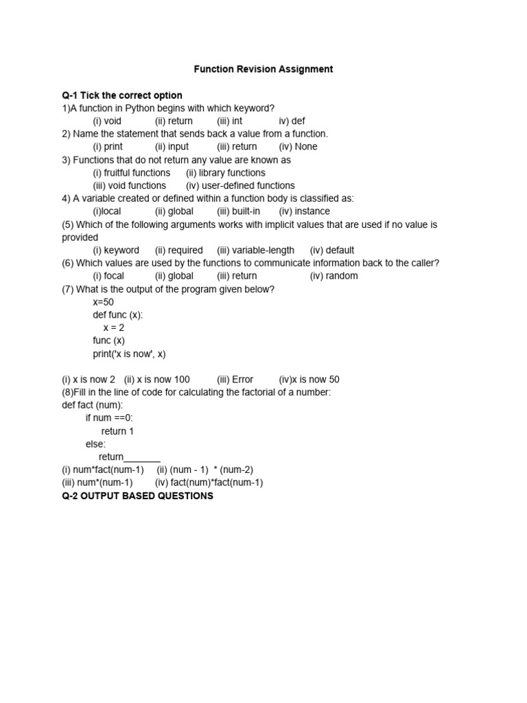 Python Function Revision Quiz | PDF