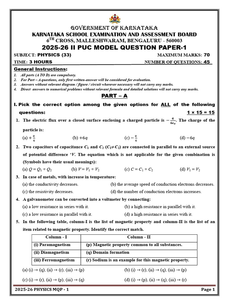 Karnataka II PUC Physics Model Paper 2025-26 | PDF | Atomic Nucleus ...